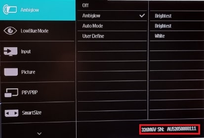 Where to find the model and serial number of a Philips monitor?
